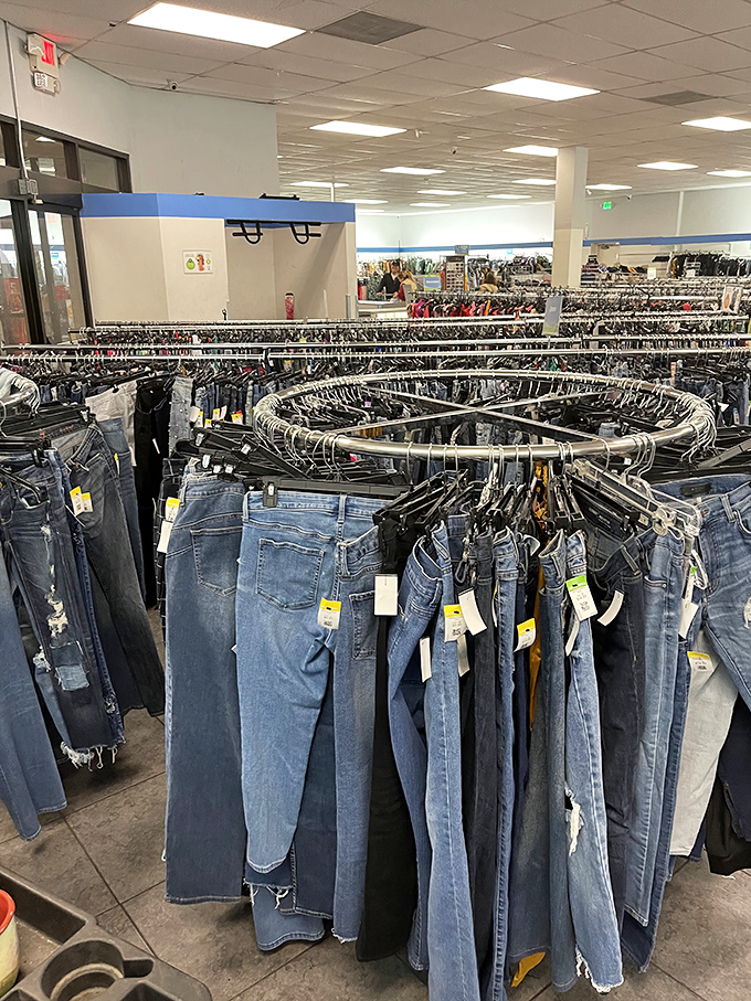 The circular jeans rack—a denim carousel where finding your perfect pair feels like winning a carnival game.