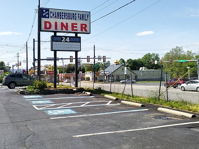 The sign promises 24-hour service—a beacon of hope for night owls and early birds alike in Chambersburg.