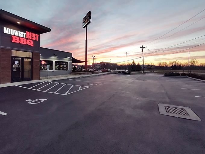 As the sun sets on Midwest Best, cars still fill the lot—proof that great barbecue recognizes no clock when it comes to cravings.
