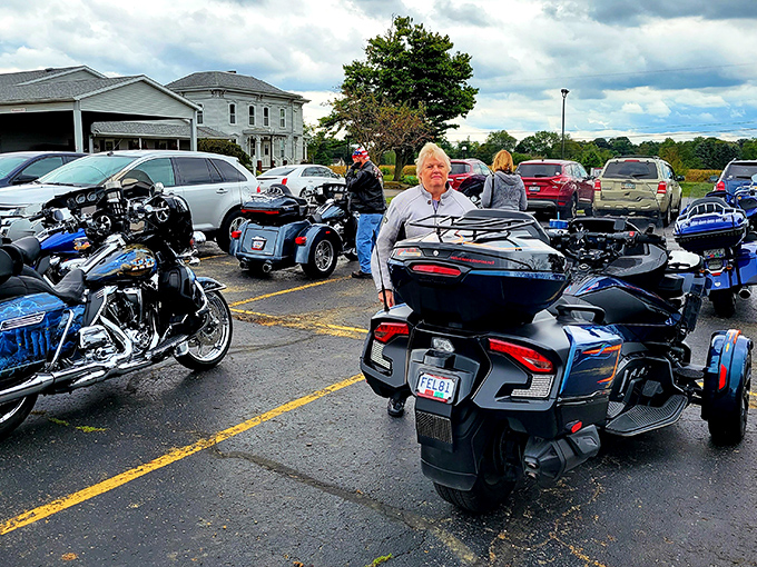 Even the motorcycles know where to find good food in Amish Country—chrome meets comfort in the parking lot.