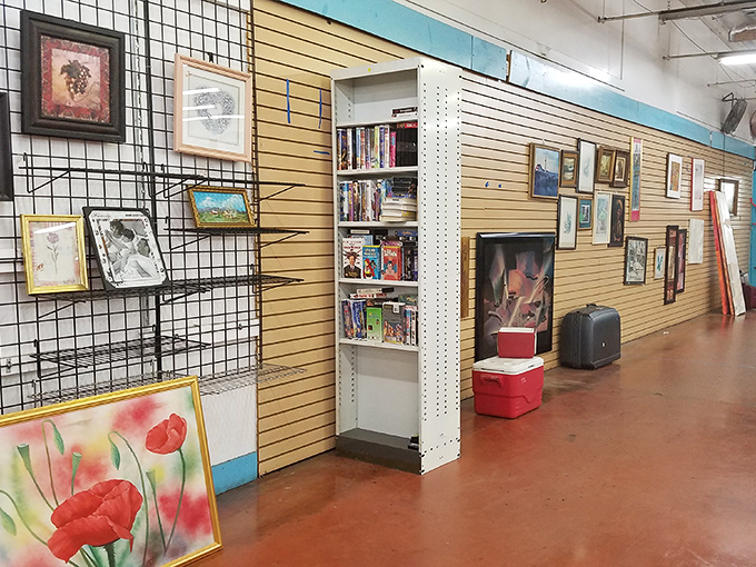 Framed artwork and photographs create a gallery wall of memories—some stranger's vacation sunset might become your living room's perfect pop of color.