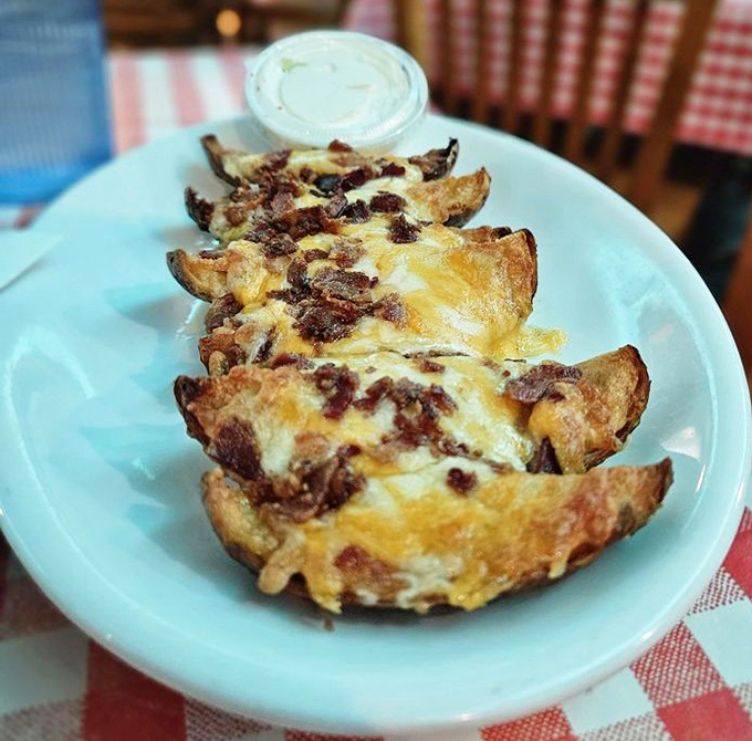 Potato skins loaded with bacon and cheese – the appetizer equivalent of a warm hug from someone who genuinely wants you to be happy.
