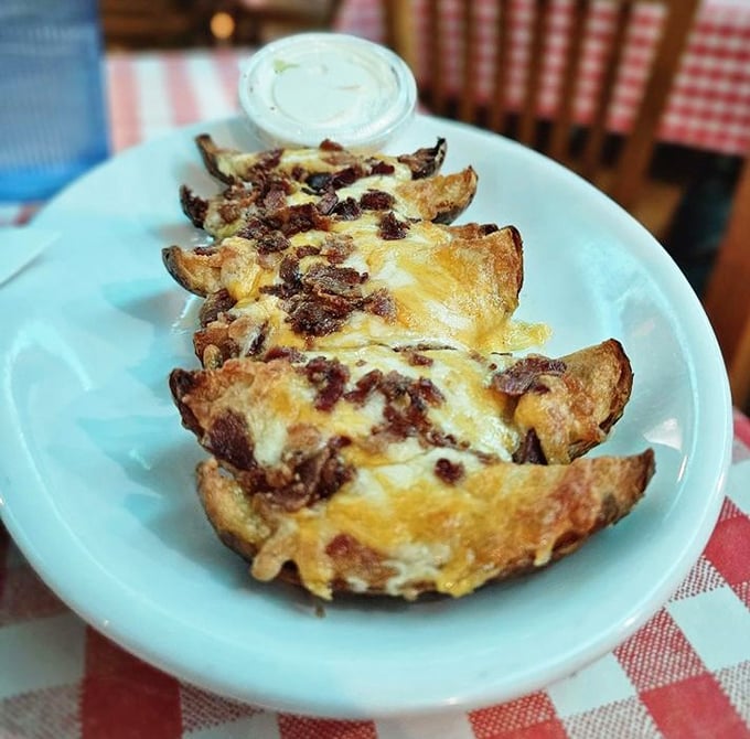 Potato skins loaded with bacon and cheese—because vegetables should always wear party clothes. The sour cream adds a cool finishing touch.