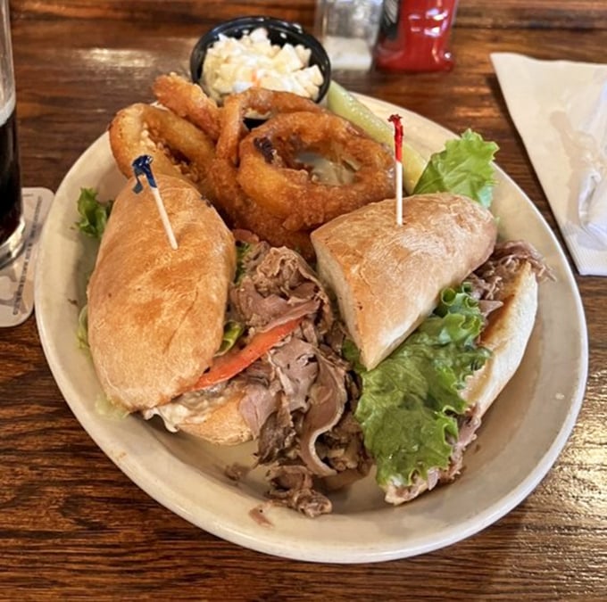 The prime rib sandwich—where yesterday's star performer gets a second standing ovation, this time with onion rings as the opening act.