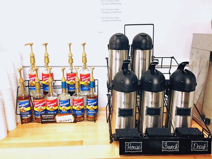 Coffee options lined up like loyal soldiers. The perfect supporting cast for the star of the show—the donuts.
