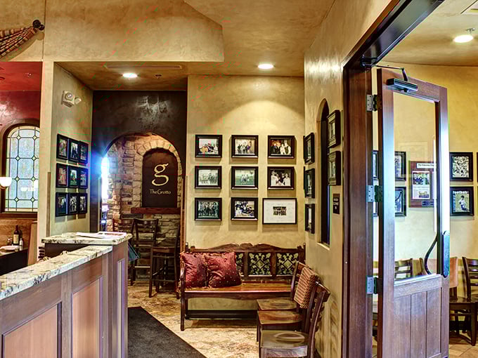 Family photos line the walls near the entrance—a reminder that behind every great Italian restaurant is a story of tradition, passion, and really good sauce.