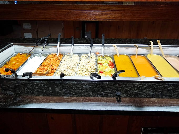 The sides bar—where vegetables get their moment to shine. Though let's be honest, they're mostly vehicles for more barbecue sauce.