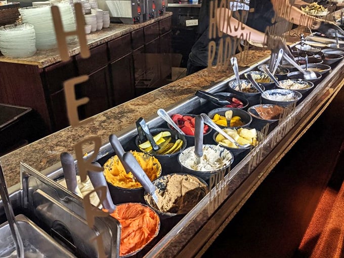 The salad bar—that magnificent Wisconsin institution—stands ready with enough toppings to transform simple greens into a masterpiece of crunch and flavor.