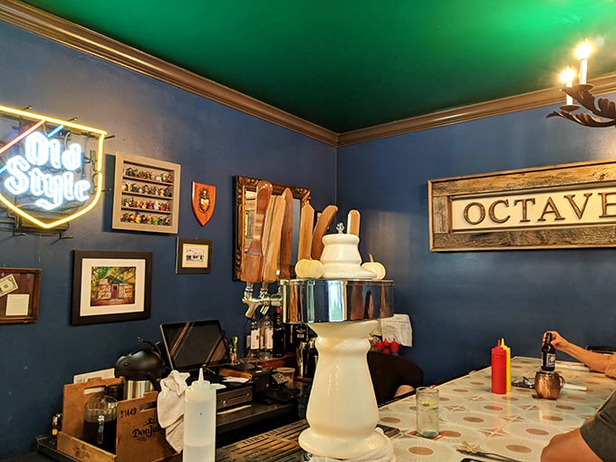 The Old Style sign glows like a beacon for beer lovers, while the wooden Octave sign reminds you exactly where burger heaven is located.