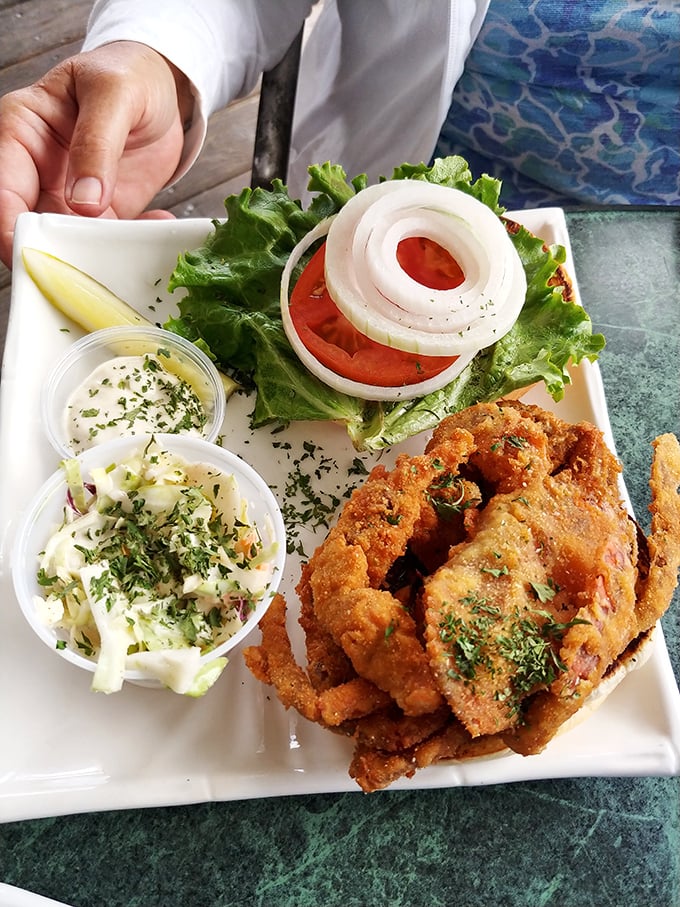 This isn't just lunch—it's a seafood masterpiece with enough crunch, creaminess, and fresh vegetables to make you seriously consider moving to Goodland permanently.