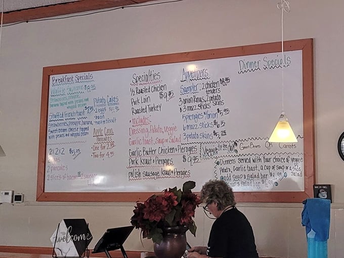 Daily specials written in marker—because fancy digital boards are for fancy people.