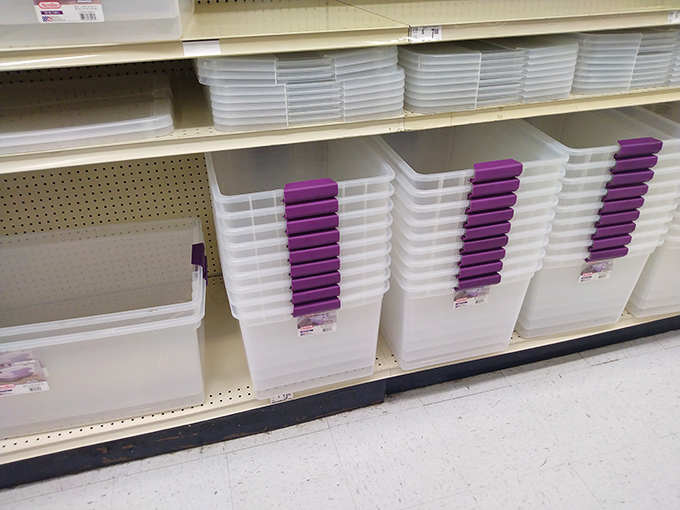Storage containers with purple handles – because even your seasonal decorations and basement overflow deserve homes that spark just a little bit of joy.