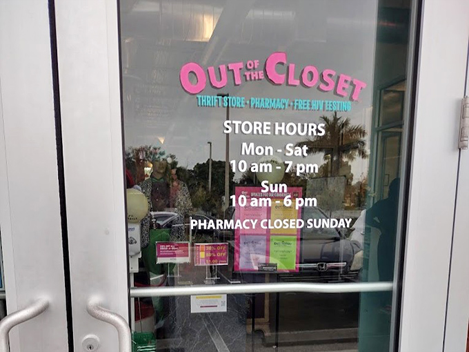 Store hours clearly displayed—because knowing when to hunt for treasures is half the battle. Note the pharmacy services too!