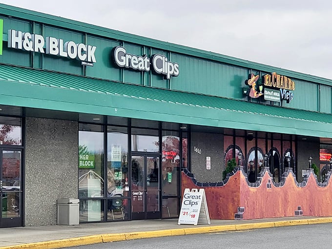 Strip malls that somehow avoid strip mall energy. Even tax preparation feels less painful when mountains are watching over your shoulder.