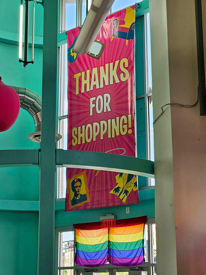 Vibrant banners and rainbow flags throughout the store remind shoppers that their purchases support the AIDS Healthcare Foundation's vital community work.