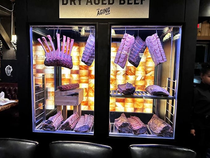 The aging room—where patience transforms good beef into greatness. Like a meat museum where everything is a masterpiece.