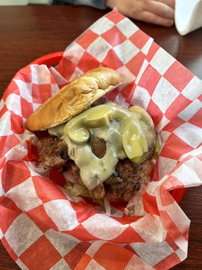 A burger that could make even the most dedicated hot dog enthusiast temporarily switch allegiances. Those pickles add the perfect tang.