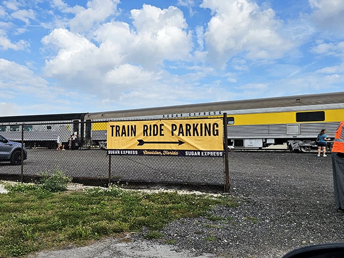 Even the parking area announces your adventure with vintage-inspired signage. The excitement begins before you board!