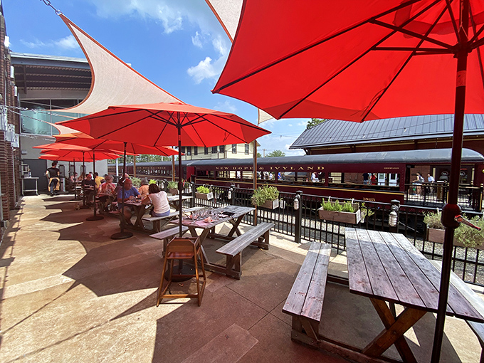 Red umbrellas bloom like flowers on this inviting deck, promising craft beer and good times.