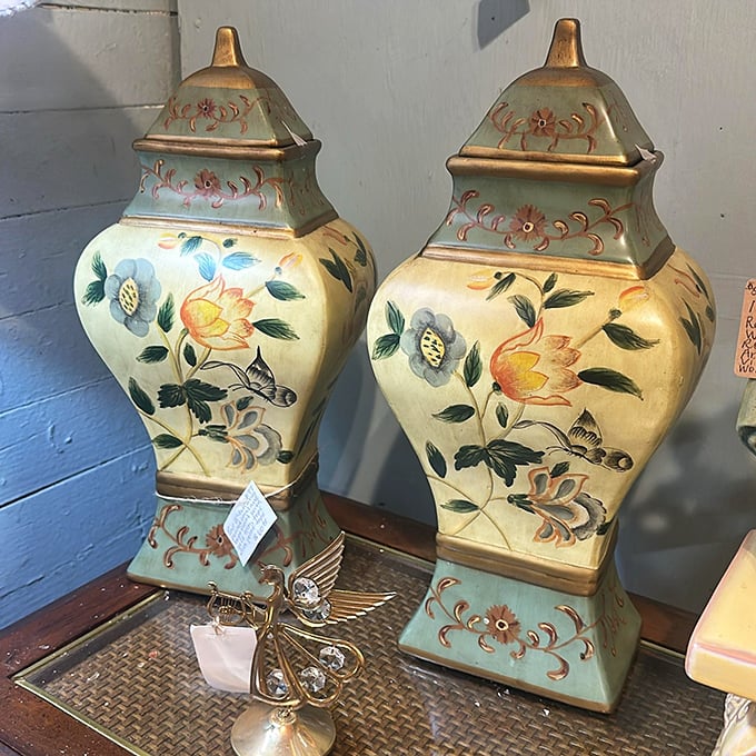 These ornate decorative urns with their delicate floral patterns aren't just containers; they're functional art that survived decades of changing interior design trends.