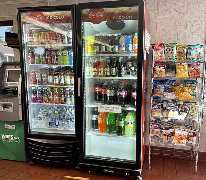The beverage cooler at Speck's offers a rainbow of liquid refreshment possibilities. Like a convenience store that happens to have world-class chicken.