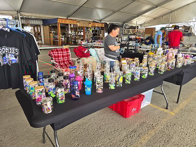 Tumblers as far as the eye can see! These colorful drink vessels stand ready for adoption, each promising to keep your beverages at the perfect temperature.