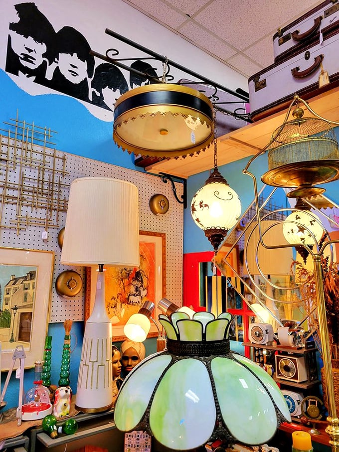 Mid-century lamps cast their glow on a Beatles silhouette. The 60s and 70s never really left—they just moved to this corner.