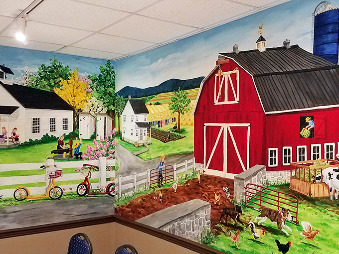 The wall mural tells the story of Amish country life in vibrant detail, creating the perfect backdrop for meals that honor those same traditions.