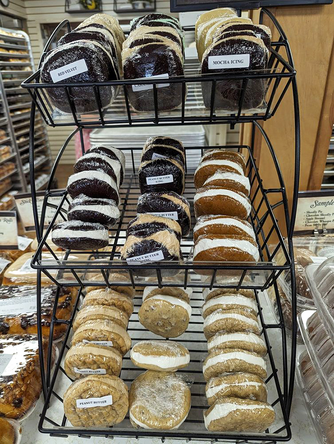 Whoopie pies stacked like edible hockey pucks of joy. These cream-filled sandwiches of happiness make cupcakes look like they're not even trying.
