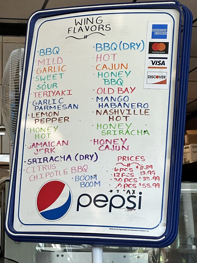 The wing flavor board reads like poetry for heat-seekers. From mild garlic to "Boom Boom," there's a flavor adventure waiting for every palate.
