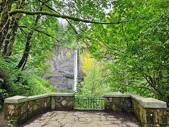 Nature's perfect frame: This stone viewpoint creates the ideal composition for waterfall viewing—no filter needed for this ready-made masterpiece.
