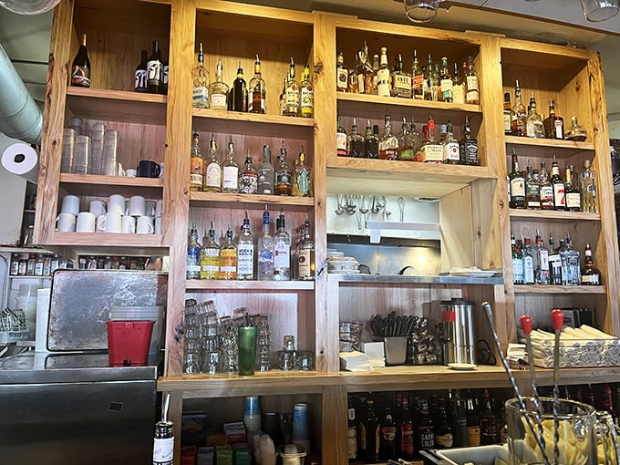 Bar shelves stocked like they're preparing for both celebration and consolation – breakfast style.