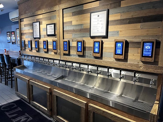 Beer technology meets rustic charm with these self-serve taps. It's like Willy Wonka designed a grown-up playground for sandwich enthusiasts..