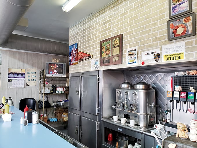 No fancy espresso machines here—just honest coffee urns and soda dispensers that have quenched Detroit's thirst for generations.