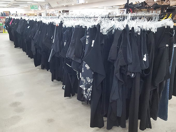 The men's section offers a sea of business-casual options. These black slacks could outfit an entire law firm!