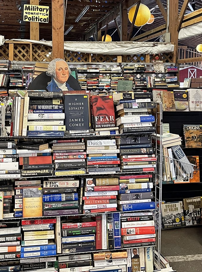 A bibliophile's dream corner where presidential history meets contemporary politics. This towering book collection proves physical pages still hold powerful appeal.