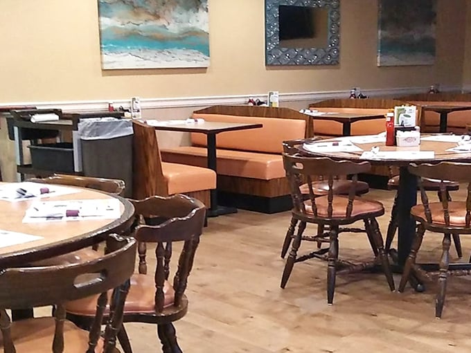 The warm wood tones and comfortable seating invite you to linger just a little longer—maybe long enough for a slice of pie?
