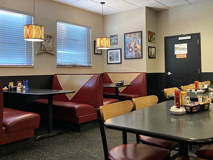 These booths have witnessed more Jefferson City gossip, business deals, and family celebrations than any government building in town. Red vinyl never looked so inviting.