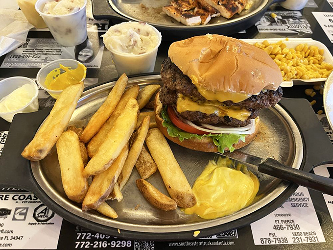 A burger that requires both hands, strategic planning, and possibly a nap afterward. Those fries aren't side characters—they're co-stars in this production.