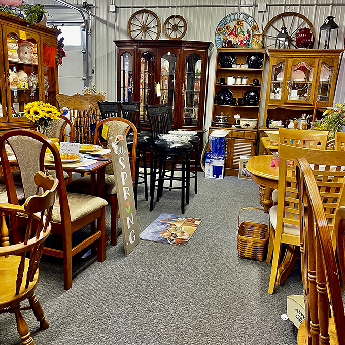 Dining sets arranged like a furniture showroom time capsule. That oak table has hosted more family arguments and celebrations than a holiday movie marathon.