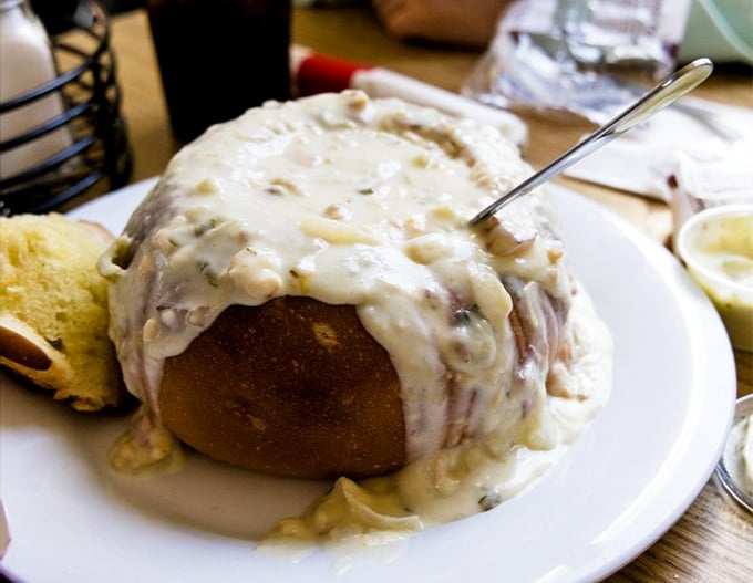 Behold the legendary clam chowder in a bread bowl—a creamy masterpiece that's worth every mile of the journey.