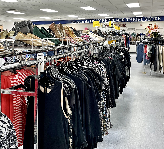 Racks of clothing and shoes stretching forever, like a department store and your eccentric aunt's closet had a baby.
