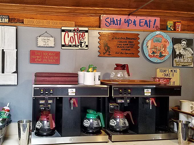 Coffee station wisdom on the walls reminds you that caffeine isn't just a beverage—it's a philosophy, especially before 10 AM. 
