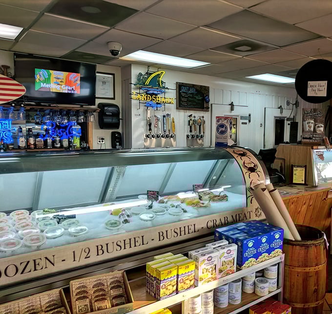 Not just a counter—it's seafood mission control. Where bushels of crab dreams and oceanic aspirations are packaged up for lucky customers.