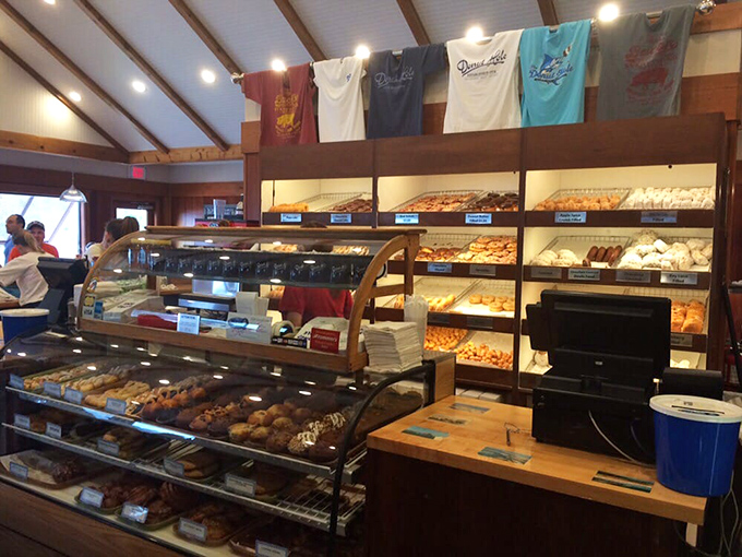 The donut display case—where willpower goes to die and happiness begins. T-shirts hanging above prove you're joining a delicious cult.