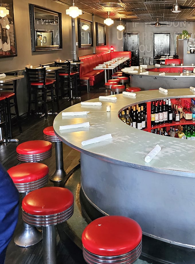 The curved counter seating offers front-row tickets to the most delicious show in town—no binoculars required.