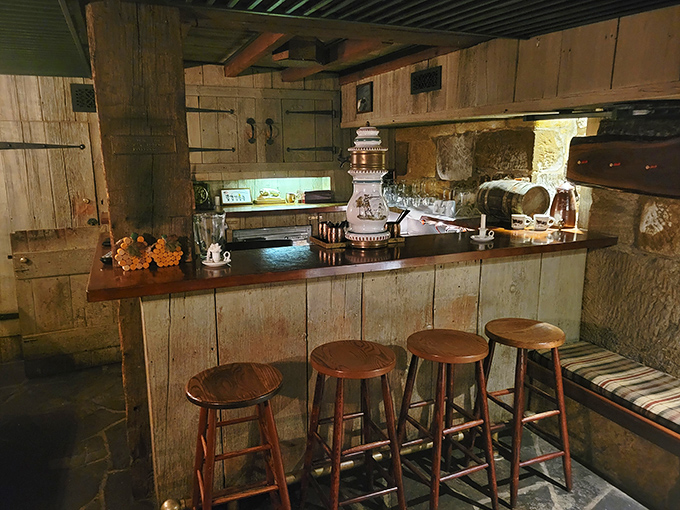 The rustic bar area offers a more casual perch for sampling the tavern's offerings—proof that history doesn't have to be stuffy to be authentic.