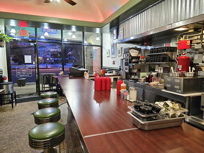 Early morning emptiness that will soon fill with hungry patrons. Those green vinyl stools have supported generations of grateful breakfast enthusiasts.