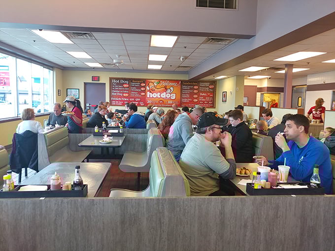 Where strangers become friends over shared hot dog enthusiasm. The bustling dining room speaks volumes about Jib Jab's place in the community's heart.