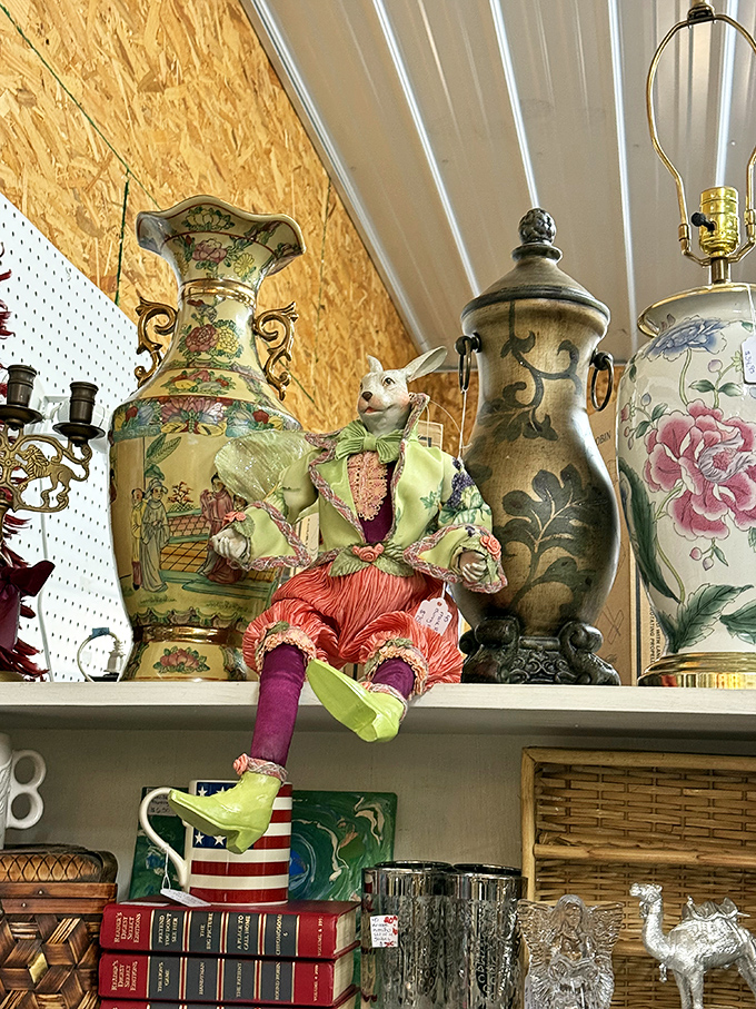 Perched like royalty among ceramic treasures, this whimsical figurine brings unexpected charm to the most serious collector.
